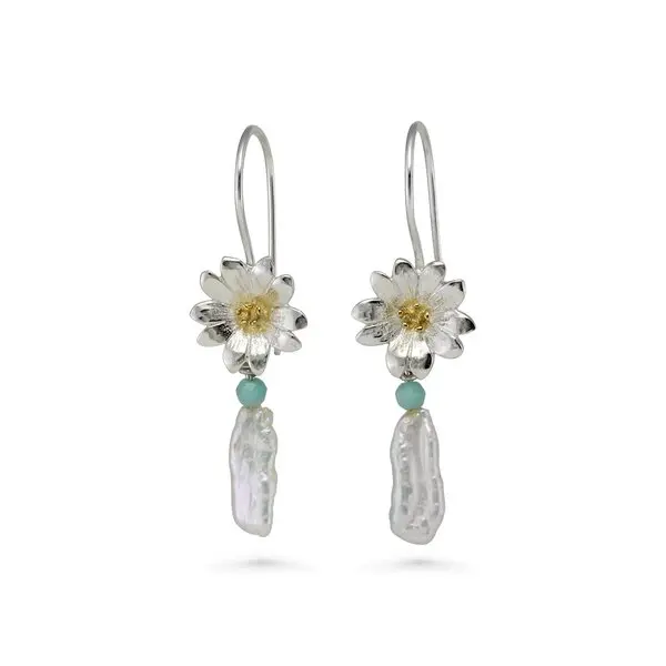 ISLA SILVER Blue / White / Silver Sterling Silver Baroque Pearl & Flower Dangle Earrings With Aventurine Bead - Blue/white/silver
