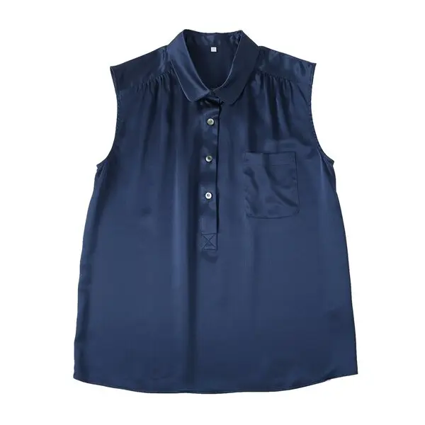 SOFT STROKES SILK Pure Silk Pointed Peter Pan Collar Sleeveless Blouse - Blue