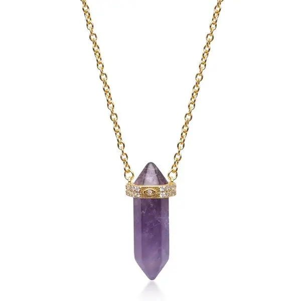 NIALAYA JEWELRY Gold / Yellow Sterling Silver Amethyst Crystal Necklace With Engraved Evil Eye Detail - Gold/yellow