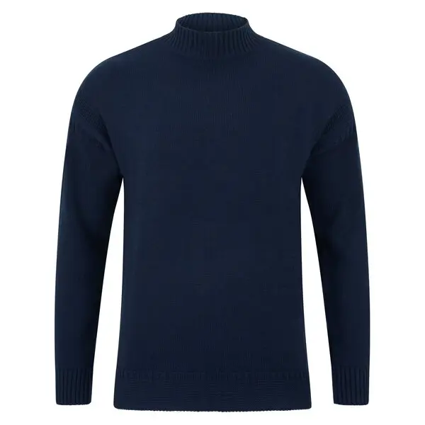 PAUL JAMES KNITWEAR Midweight Organic Cotton Sark Linen Mock Neck Gansey Jumper Navy - Blue
