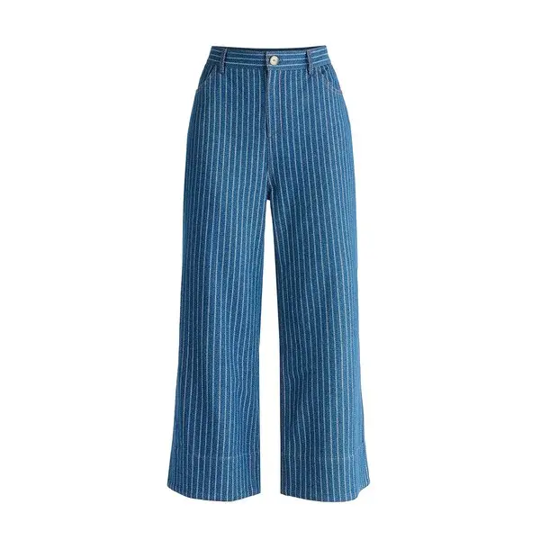 PAISIE Wide Leg Denim Trousers In Stripes In Denim - Blue