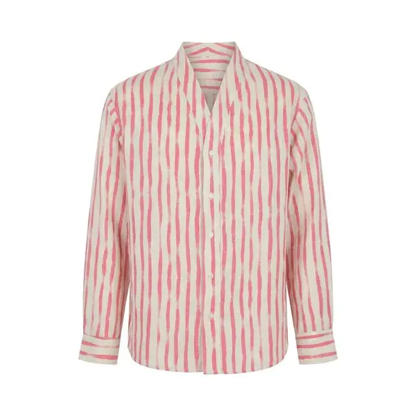 MODENAIRE Striped Button Front Shirt With Stand Collar - Red