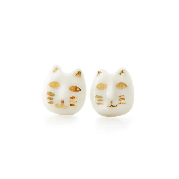 POPORCELAIN White / Gold Porcelain Lucky Cat Stud Earrings - White/gold