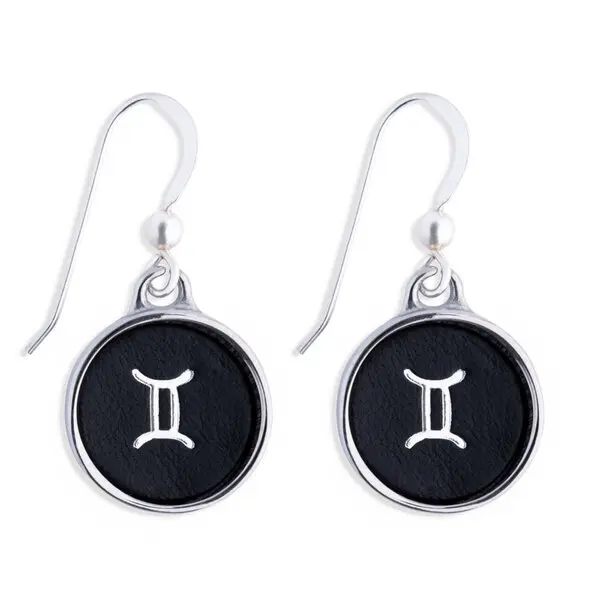N'DAMUS LONDON Silver / Black Zodiac Gemini Black Leather Earrings - Silver/black