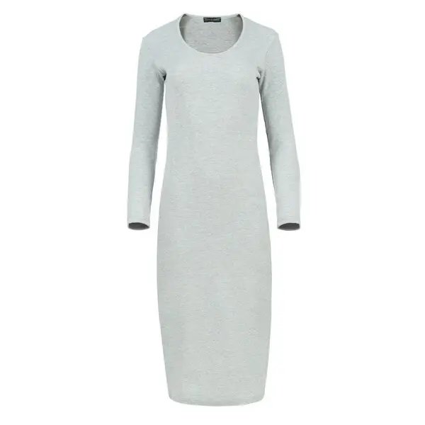 CONQUISTA Long Sleeve Round Neck Midi Dress In Ribbed Cotton-elastane Gray Melange - Grey