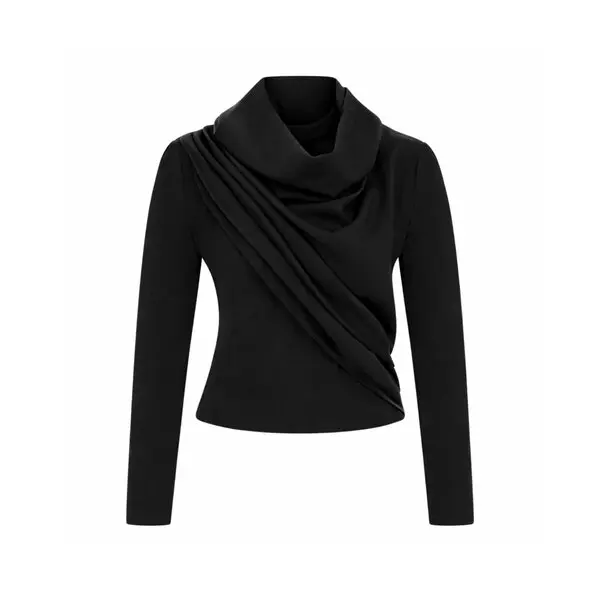 MAAN ISTANBUL Aria Draped Cowl Neck Long Sleeve Top Blouse - Black