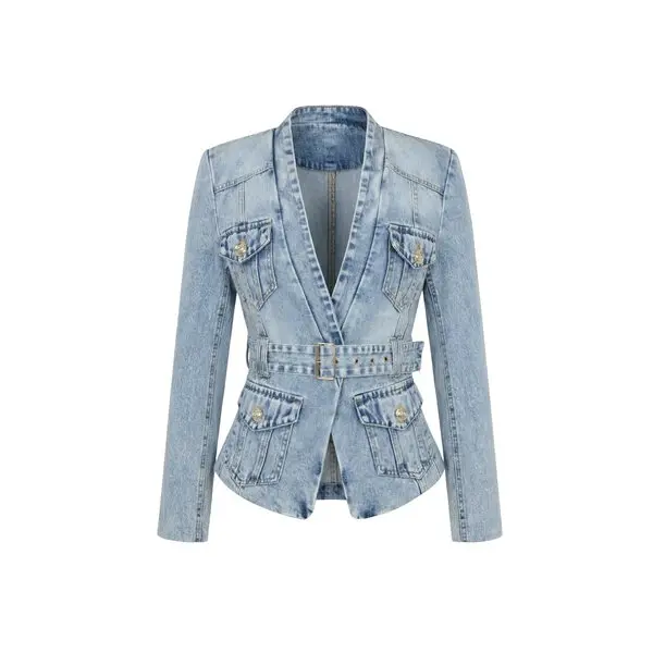 MODENAIRE Belted Denim Blazer With Structured Waist And Patch Pockets - Blue