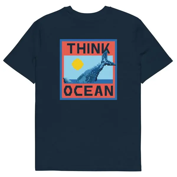 ANCHOR & CREW Navy Think Ocean Whale Pixel Art Organic Cotton T-shirt - Blue