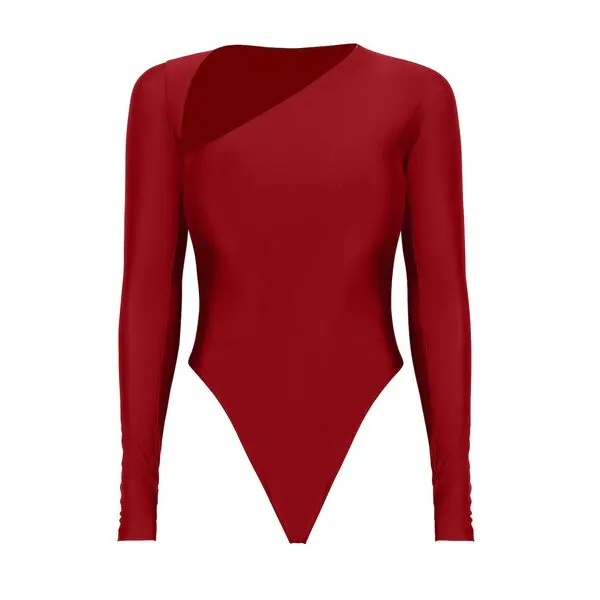 MODA GLAM Asymmetrical Bodysuit- Burgundy - Red