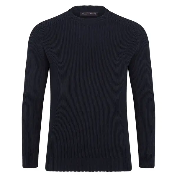 PAUL JAMES KNITWEAR Midweight Cotton Logan Ribbed Crew Neck Jumper Navy - Blue