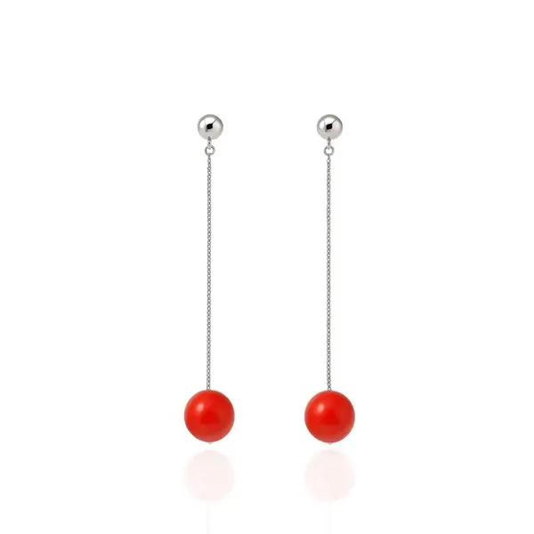 UNALOE Silver / Red Sterling Silver Coral Drop Earrings – Contemporary Minimalist Chain Designer Jewelry - Silver/red