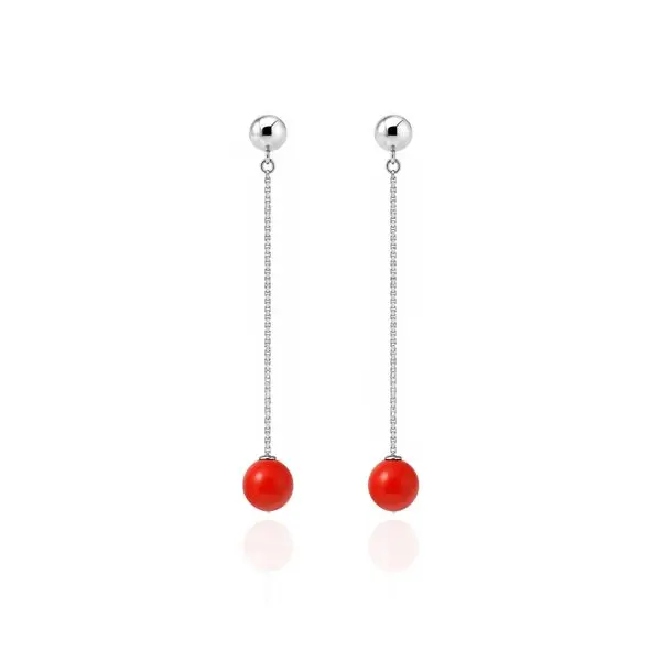 UNALOE Silver / Red Sterling Silver Coral Drop Earrings – Contemporary Minimalist Chain Designer Jewelry - Silver/red