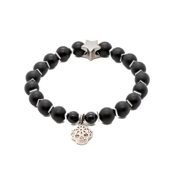 EBRU JEWELRY Black / Silver Sterling Silver Sugar Skull Charm Black Onyx Stone Beaded Bracelet Black - Black/silver