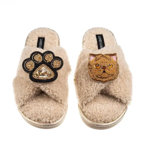 LAINES LONDON Neutrals Boucle Slippers With Paw & Ginger Persian Cat Brooches Oatmeal - Brown