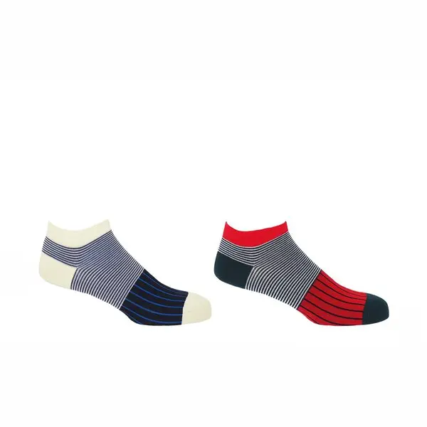 PEPER HAROW - MADE IN ENGLAND Black & Scarlet Oxford Stripe Trainer Socks 2 Pack - Black/red