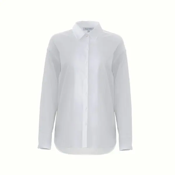 SOLGO ATELIER Solgo Long Sleeve Cotton Button-up Shirt With Hi-low Hemline And Contrast Collar Button Detail - White