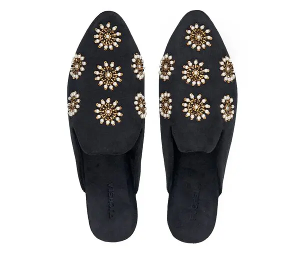 FUCHSIA SHOES Galaxy Handmade Pearl Embroidered Luxury Velvet Pointed Toe Mules By - Black