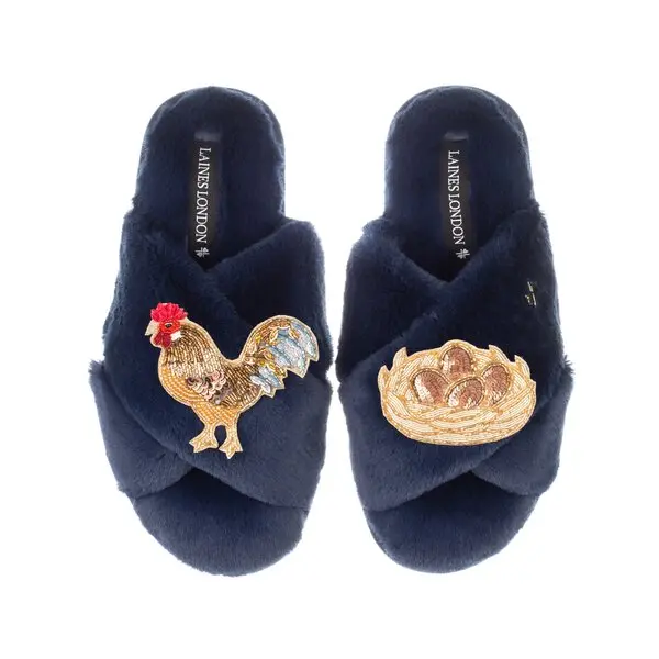 LAINES LONDON Classic Laines Slippers With Rooster & Nest Of Eggs Brooches Navy - Blue