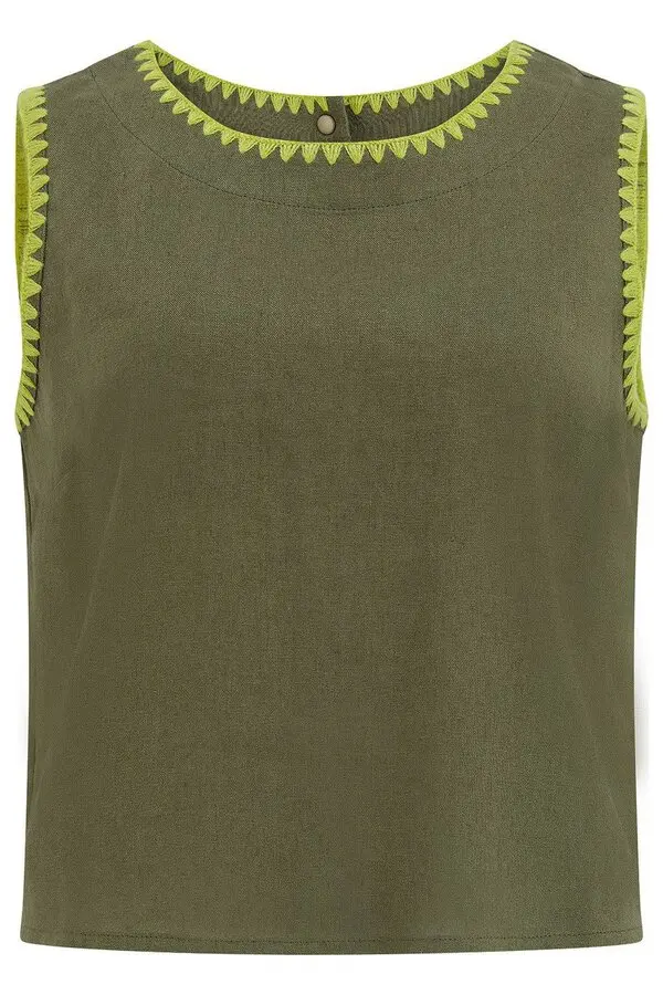 SUGARHILL BRIGHTON Senna Top Olive, Decorative Stitch - Green