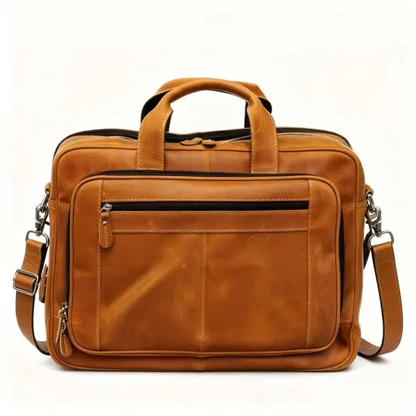 TOURI Genuine Leather Briefcase With Luggage Strap Light - Brown