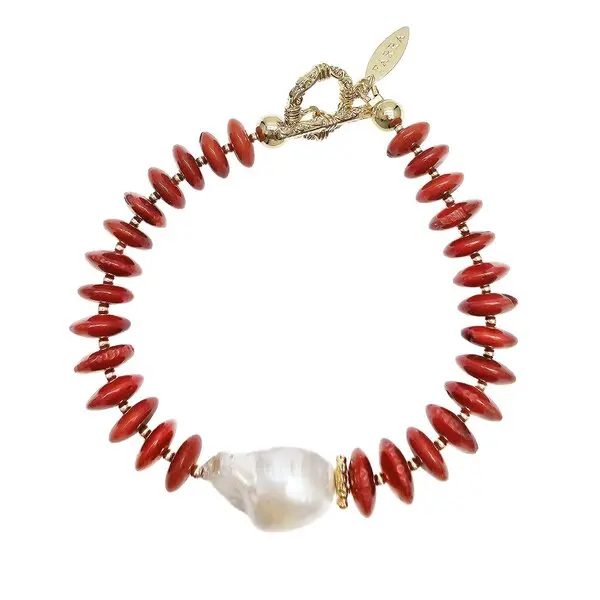 FARRA Bamboo Coral With Baroque Pearl Bracelet - Red