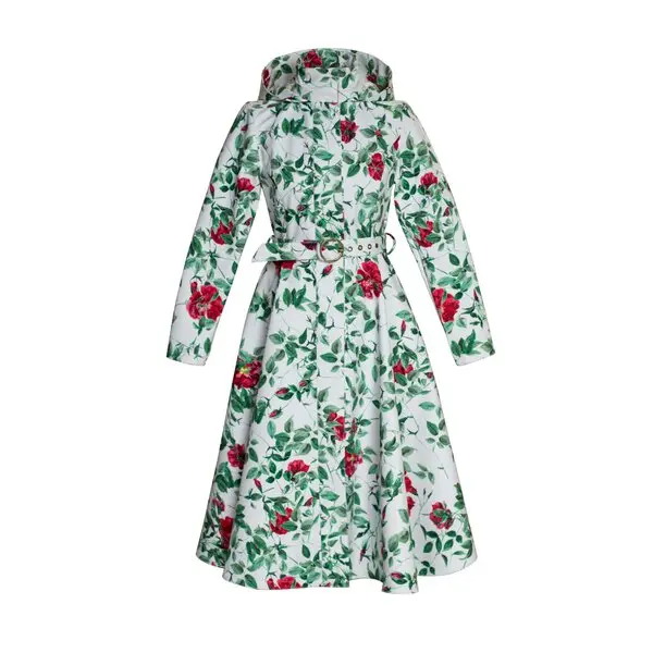 RAINSISTERS Fit & Flare Coat With A-line Skirt In White: Charming Rose - White/green