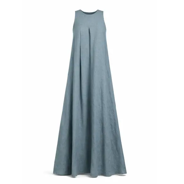 NIKKA PLACE Linen Long Maternity Dress With Pockets In Dusty Color - Blue