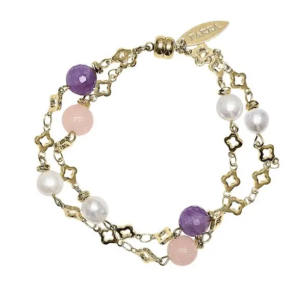 FARRA Rose Quart Amethyst And Freshwater Pearl Double Layers Chain Bracelet - Pink