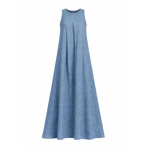 NIKKA PLACE Gathered Linen Maternity A-line Dress In Melange Colour - Blue