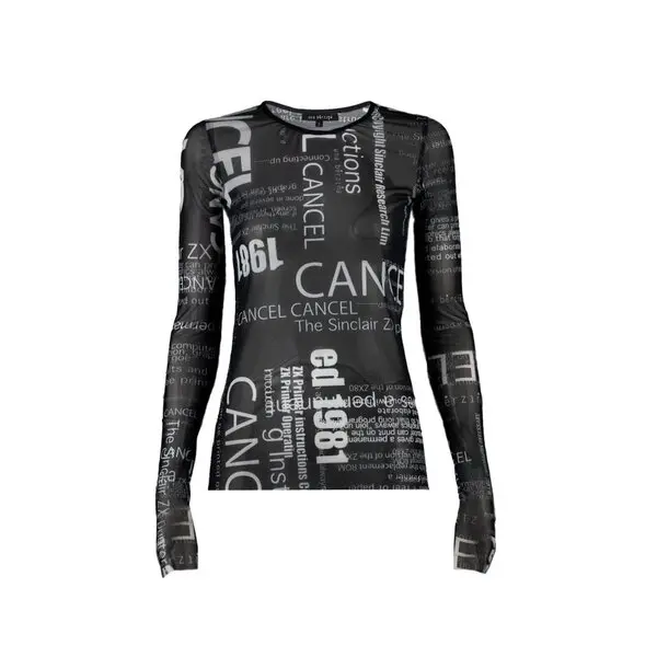 UNA BERZINA Printed Sheer Mesh Top "cancel/print - Black