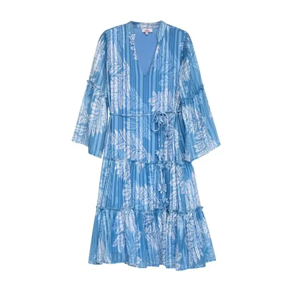 NIZA Floral Print Straight Dress With Short Sleeves - Blue