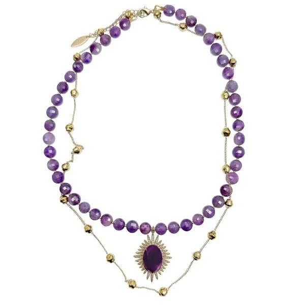 FARRA Amethyst Stones With Pendant Double Layers Necklace - Yellow