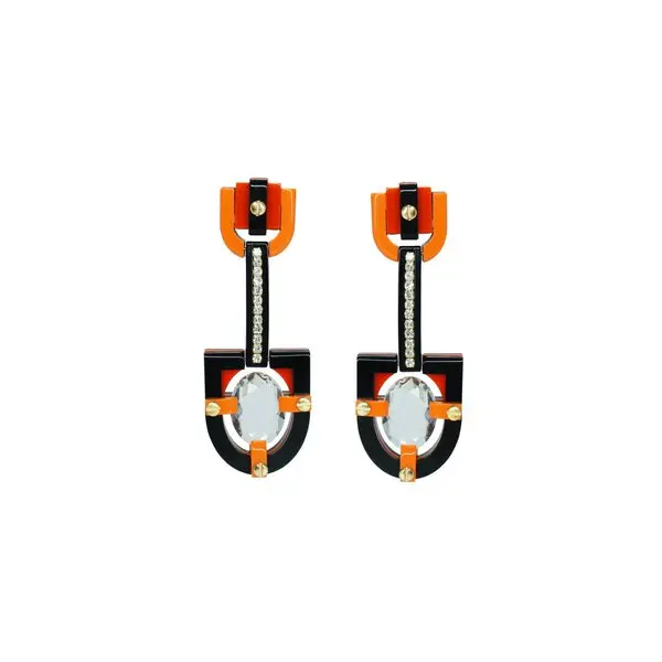 GISSA BICALHO Handmade Acrylic Earring Long Oval Cut Stone - Orange