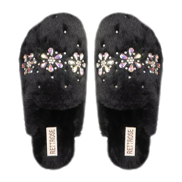 RETTROSE Kamila Luxury Plush Diamanté Embellished Handmade Slipper - Black