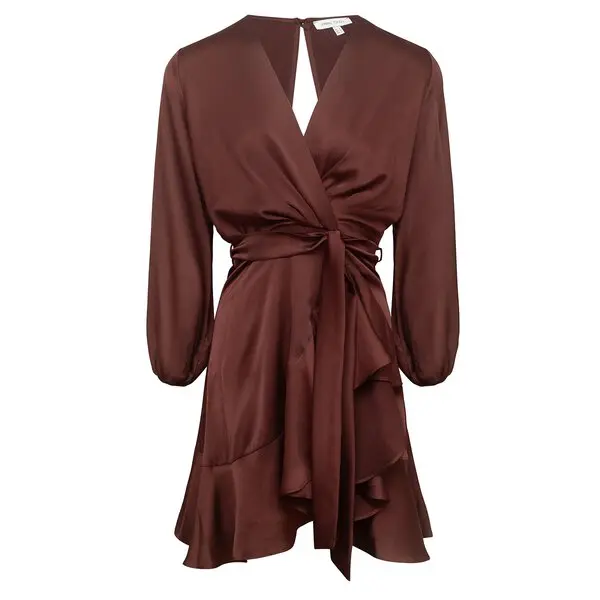 URBAN TOUCH Long Sleeve Wrap Front Dress Chocolate - Brown