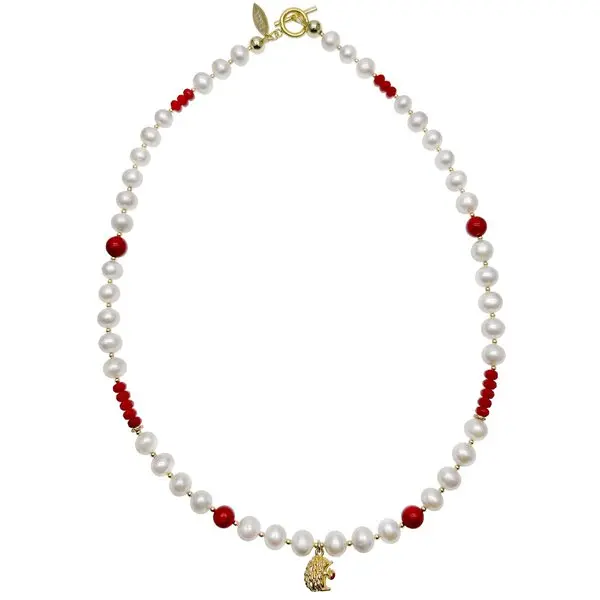 FARRA White Freshwater Pearls And Coral With Hedgehog Pendant Necklace - Red