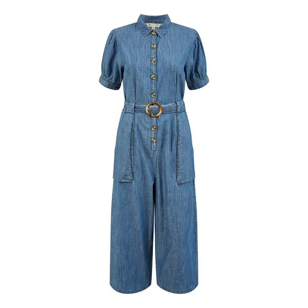 YUMI Cotton Chambray Button Up Jumpsuit - Blue