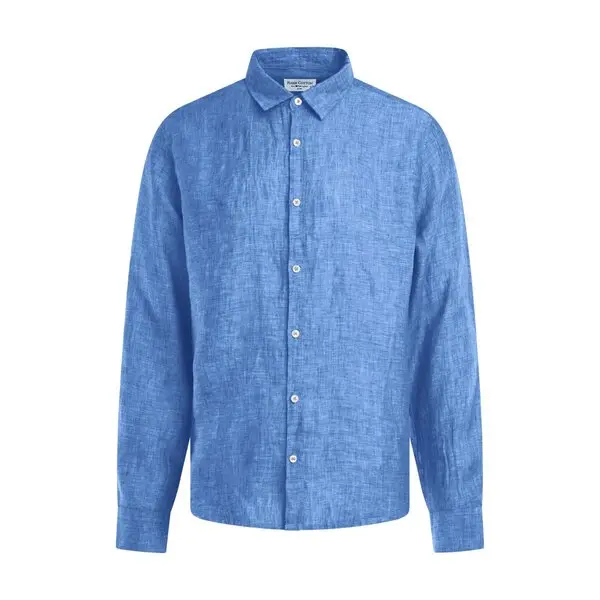 Haris Cotton Linen Melange Basic Long-sleeved Shirt Cobalt Melange - Blue