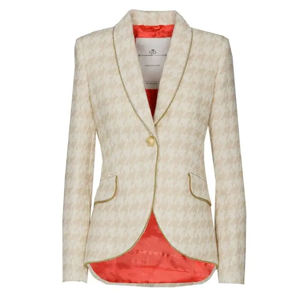 THE EXTREME COLLECTION Neutrals Sand Houndstooth Blazer With Tuxedo Lapel And Gold Chain Detailing - Yellow