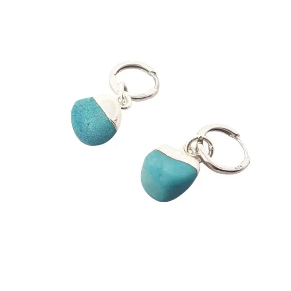 HARFI Raw Turquoise December Birthstone Silver Huggies - Blue