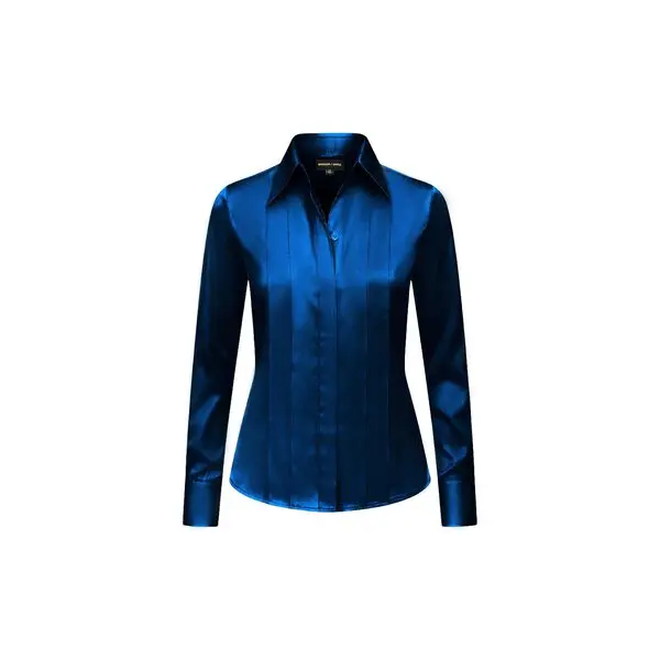 MADISON / SAVILE Quartz Regent Pleated Satin French Cuff Shirt Two - Blue