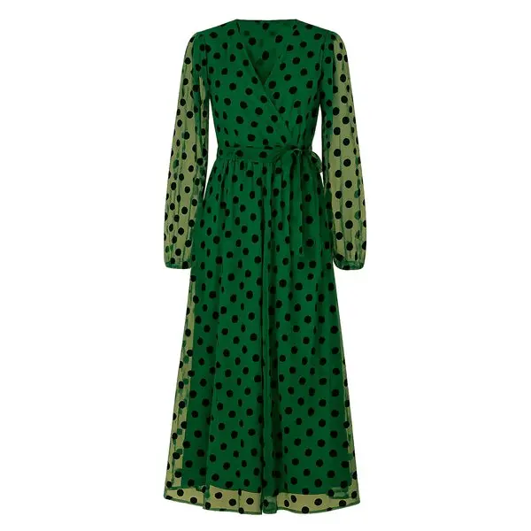 YUMI Spot Mesh Wrap Midi Skater Dress - Green
