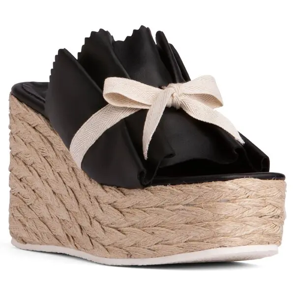 BEAUTIISOLES BY ROBYN SHREIBER Noelle Leather Slide Comfortable & Chic Wedge Platform Espadrille For Work Or Pool Sandal - Black
