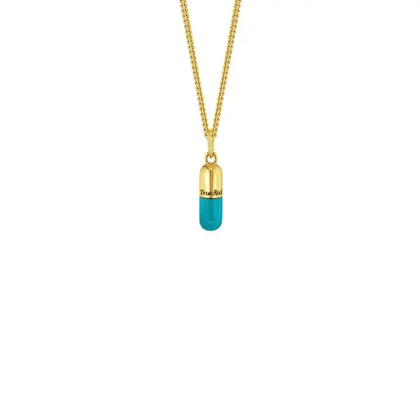 TRUE ROCKS Turquoise & Gold Plated Mini Pill Pendant Hung On Gold Chain - Blue