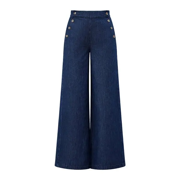 YUMI Chambray Wide Leg Trousers With Button Details - Blue