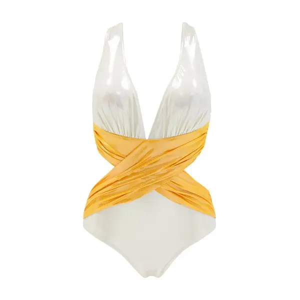 AULALA PARIS Sparkle Soiree Draped Shiny One-piece Swimsuit - White