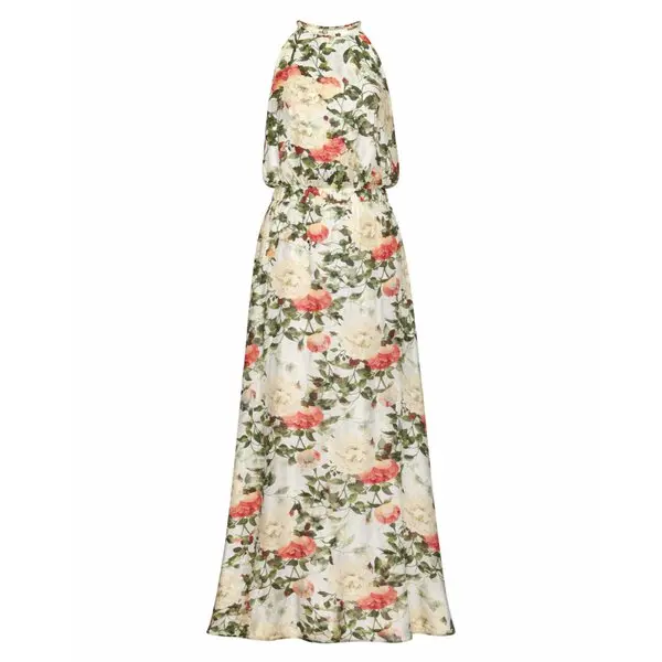 OH!ZUZA NIGHT&DAY Green / Red Floral Cupro Maxi Dress – Rose Print - Green/red