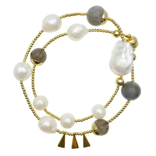 FARRA Freshwater Pearls & Labradorite Double Wrapped Bracelet - Black