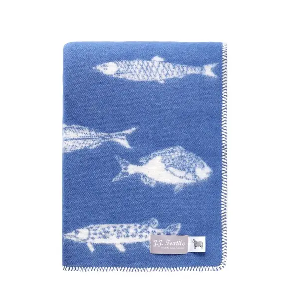 J.J.Textile Blue / White Fish Wool Blanket - Blue/white