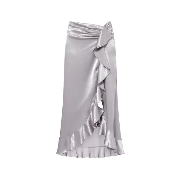 AMY LYNN Grey / Silver Susie Silver Satin Ruffle Maxi Skirt - Grey/silver